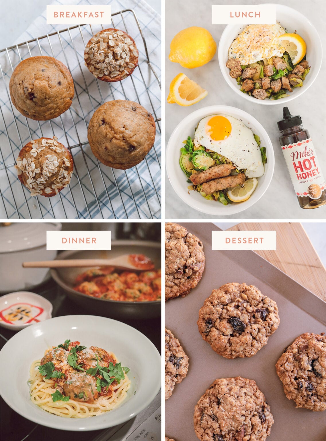 Quarantine Meal Ideas: easy banana muffins, brussels bowl, turkey meatballs