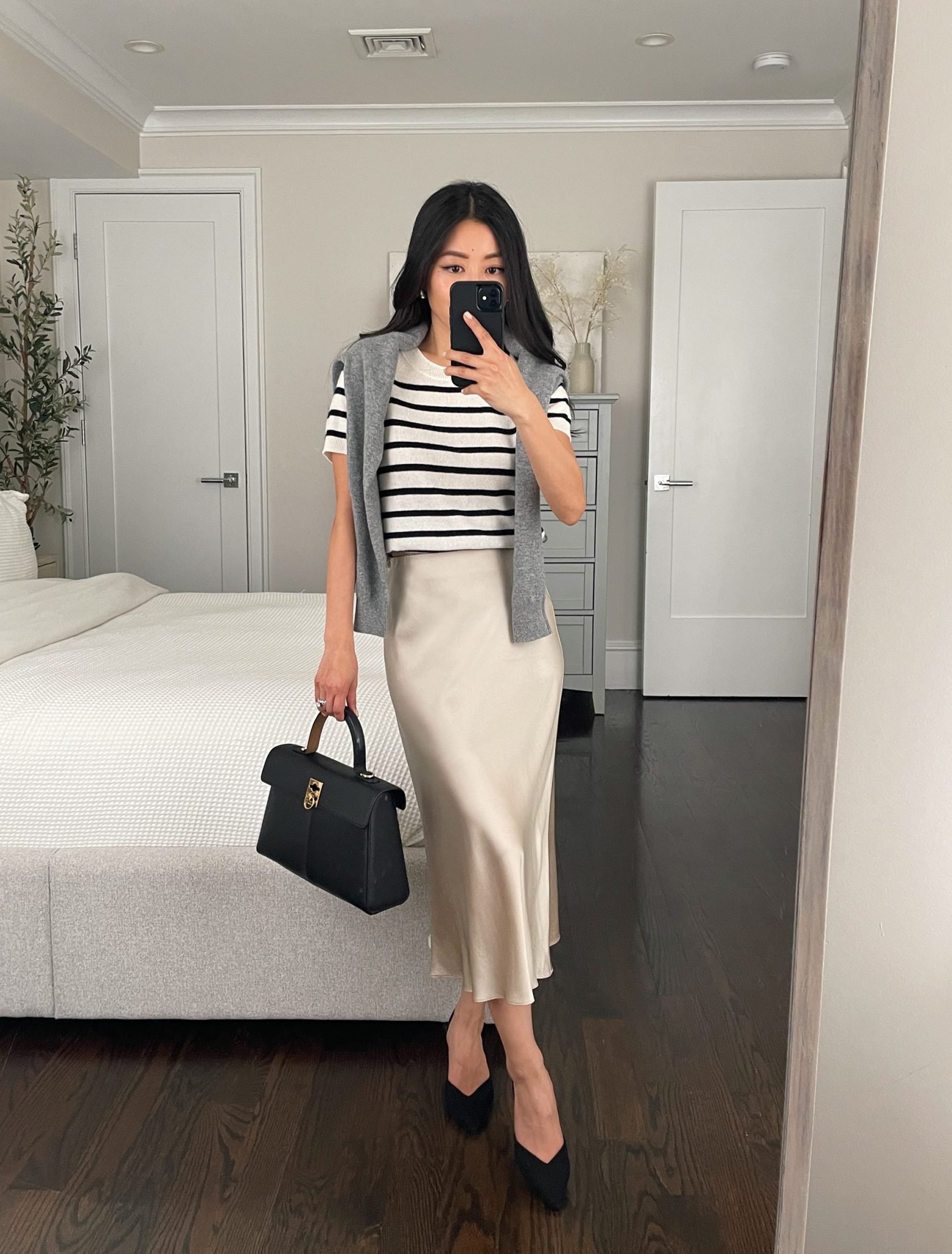 How to style the Quince silk slip skirt - Petite spring outfits